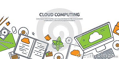 Lined, Outline Vector Illustration. Workplace Table With Documents, Computer. Flat Cloud ...