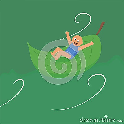 A Little Boy Playing With A Giant Flying Leaf Cartoon Vector ...