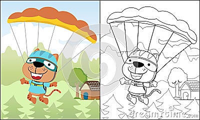 Little Cat Skydiving On Nature Background, Coloring Book Or Page ...