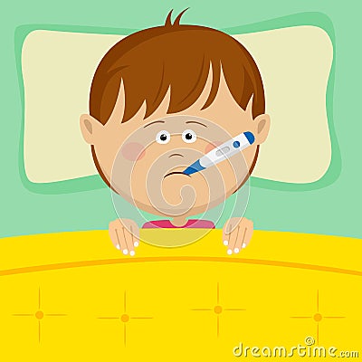 Little Sick Boy With Thermometer In His Mouth Lying In Bed Cartoon ...
