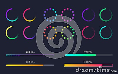 Loading Bar Set On Dark Backdrop. Waiting Symbol Visualization. Gradient Progress Lines And ...