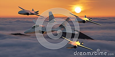 Lockheed Martin F-22 Raptor In A Formation With Combat Drones From The ...