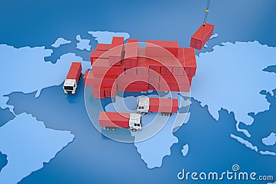 Logistic Business With Group Of Logistic Trailer Trucks And Stack Of ...