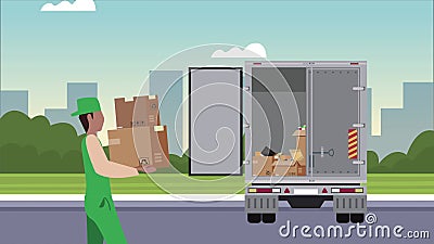 Logistic Service Animation with Worker Lifting Boxes in Truck Stock ...