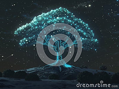 A Lone Cyber Tree On A Digital Plain, Its Branches Circuit-like And ...