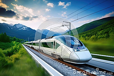 A Long High-speed Train Travels At High Speed Around A Mountain, Nature ...