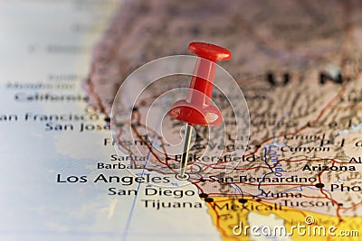 Los Angeles Destination Map, Red Push Pin. Stock Illustration - Image ...