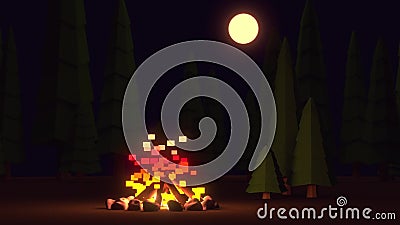 Low Poly Animation of Campfire in the Forest. Fire is Burning Near the ...