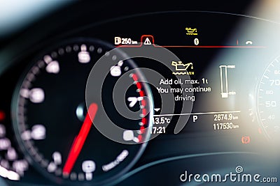 Luxury Car Color Screen Dashboard With Warning Message. Low Engine Oil ...