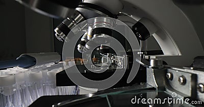 Macro Black Microscopes in the Laboratory, Side View Stock Footage ...