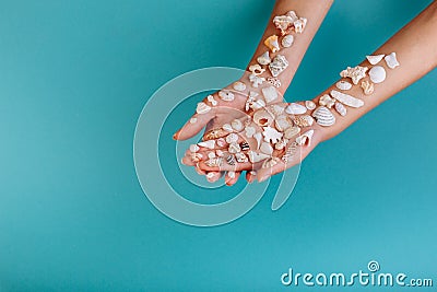 Macro Of Hand Holding Different Kinds Of Seashells, Corals In Front Of ...