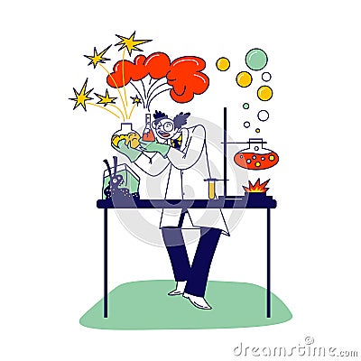 Mad Scientist Character With Glass Flasks And Beakers Conducting ...