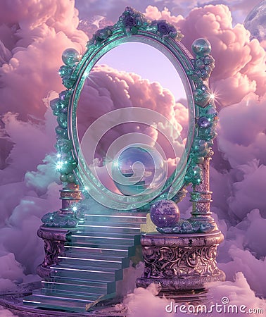 Magical Podium With An Oval Mirror And Floating Spheres In A Dreamy ...