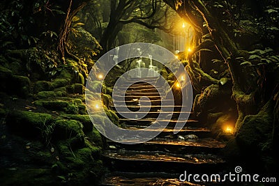 Magical Walk Along The Winding Forest Path Illuminated By Enchanting ...