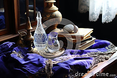 Magician Setting Up Mystical Accessories On A Table For An Enchanting ...