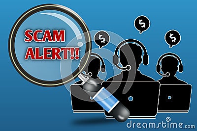 Magnifier Glass On Text Scam Alert And Icon Of Scammers On Blue ...