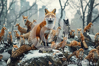 Majestic Red Fox In Snowy Forest Landscape Surrounded By Multiple Fox ...