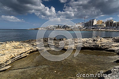 Rock Pool And Bugibba From The Seafront Bugibba Malta Stock Photo ...