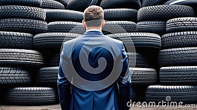 A Man In Blue Suit Standing In Front Of Large Stack Of Tires. Royalty ...