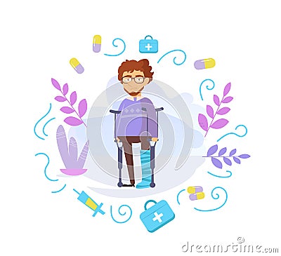 Man With A Broken Leg In Plaster Vector. Cartoon. Isolated Art On White ...