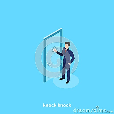 A Man In A Business Suit Is Knocking At The Door Vector Illustration ...