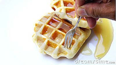 Man Cutting and Eating Waffle with Honey Stock Video - Video of bright ...