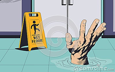 Man Drowning On Wet Floor. Warning Sign. Stock Illustration ...