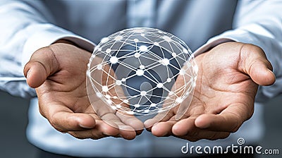 A Man Extends His Hands Forward, Displaying A Digital Sphere Made Of ...