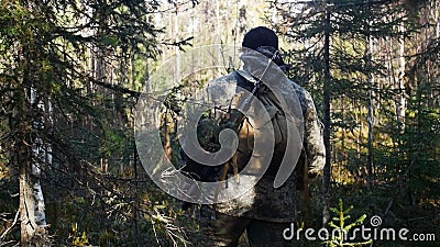Man Hunter Outdoor in Forest Hunting Alone Stock Video - Video of ...