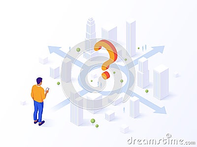 Man Pondering Choices At A Question Mark Crossroad With Multiple Arrows ...