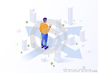 Man Pondering Choices At A Question Mark Crossroad With Multiple Arrows ...