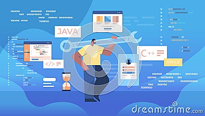 Man Programmer Holding Wrench Developer Optimizes Software Engineering Coding Programming ...