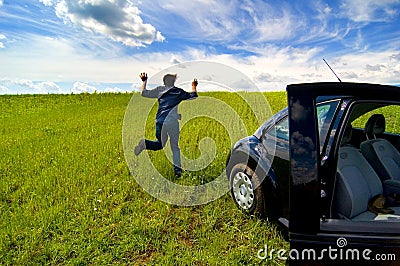 Man Running From Car In Open Field Stock Photo - Image: 1421470