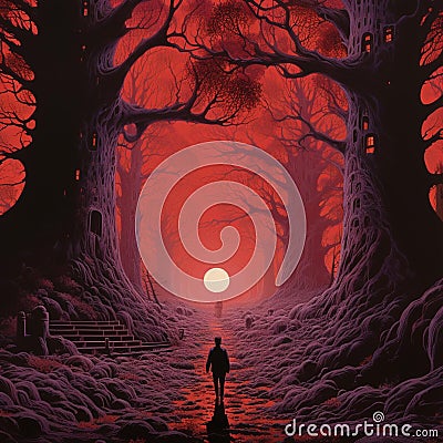 Man Standing Alone In A Surreal, Dreamlike Landscape With An Abundance ...