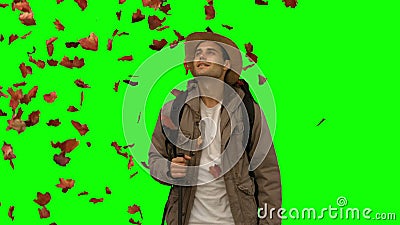 Man Standing Under Leaves Falling on Green Screen Stock Footage - Video ...