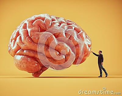 Man Touching A Huge Human Brain. Mental Capacity, Cognitive Processing ...