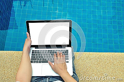 Man Using Laptop Computer Beside Swimming Pool Royalty Free Stock ...