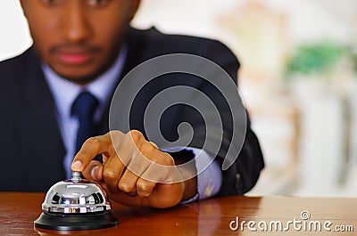Man Wearing Elegant Blue Suit Pressing Desk Bell At Hotel Reception ...
