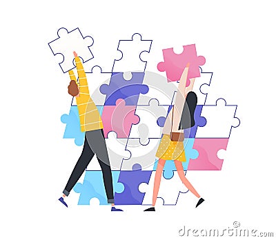 Man And Woman Assembling Jigsaw Puzzle Vector Flat Illustration. Couple ...