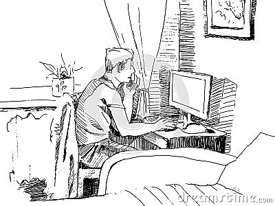 Man Working On A Computer. Hand-drawing. Stock Vector - Image: 47779315