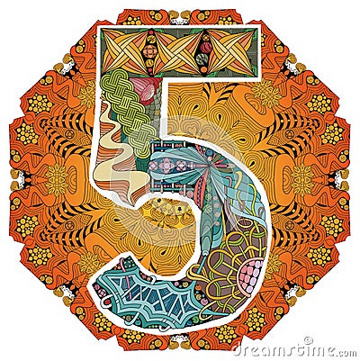 Mandala With Numero Five. Vector Decorative Zentangle | CartoonDealer ...