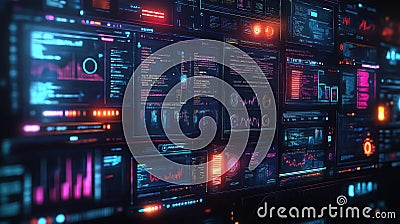 Many Glowing Screens Display Various Data. Colorful Glowing Graphs, Codes Visible On Many ...