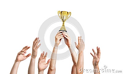 Many Hands Raised Up. Winner Is Holding Trophy In Hands. Isolated On ...
