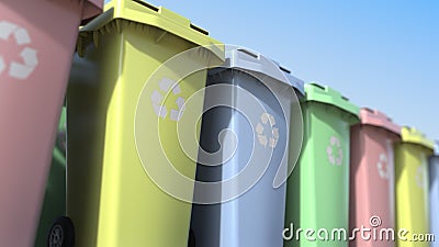 Many Plastic Trash Cans with Wheels for Sorting Garbage. Loopable Motion Background Stock ...