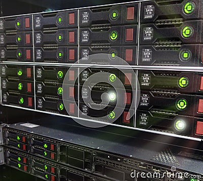 Many Powerful Servers Running In The Data Center Server Room. Disk ...