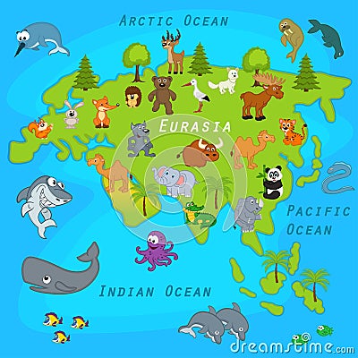 Map Of Eurasia With Animals Cartoon Vector | CartoonDealer.com #65431545