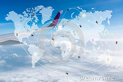 Map Of Flight Routes Airplanes Network With Blurred Wing In The Stock ...