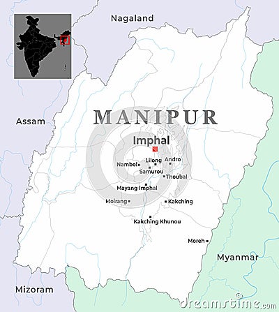 Manipur District Map With Capital Imphal, Marked Most Important Cities ...