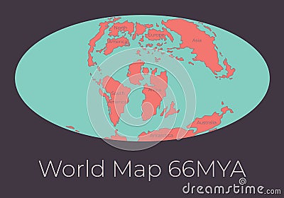 Map Of The World 66MYA. Vector Illustration Of Worldmap With Red ...