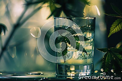 Marijuana Cannabis Leaf Falling Into A Glass Of Water With Ice And ...